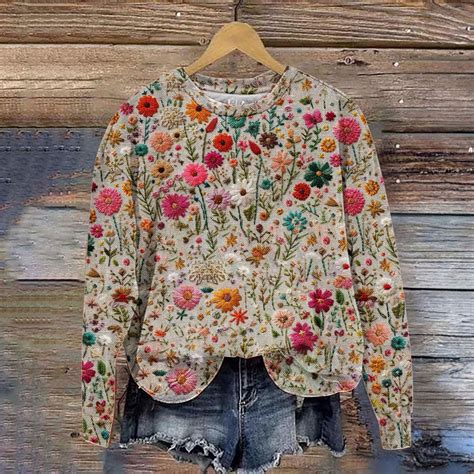 Jjayotai Womens Sweater Flower Embroidery Pattern Art Printed Casual
