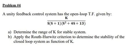 Solved A Unity Feedback Control System Has The Open Loop Chegg