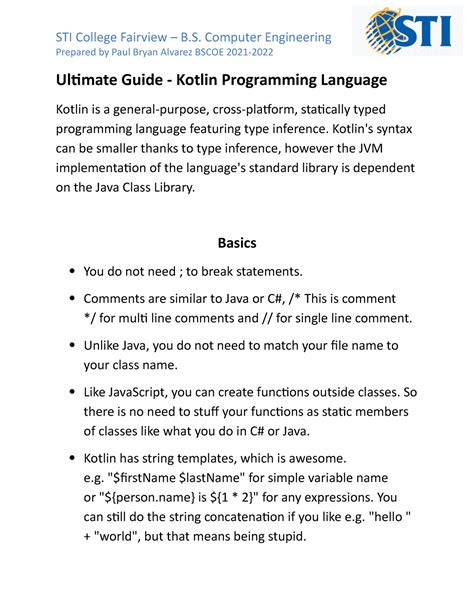 Ultimate Guide Kotlin Programming Language Prepared By Paul Bryan Alvarez Bscoe 2021