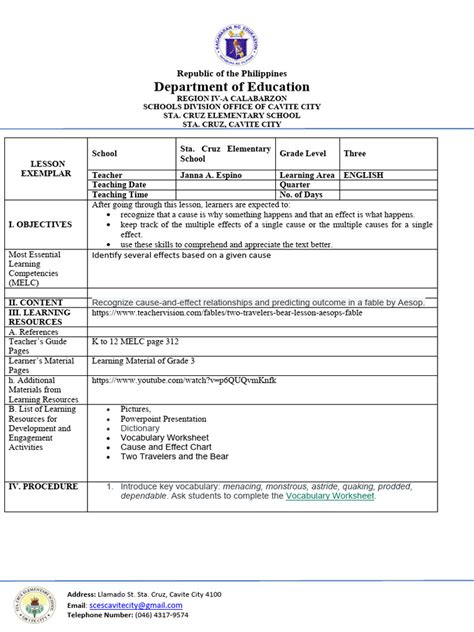 Lesson Exemplar On Cause And Effect And Predicting Outcome Pdf