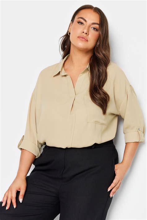 Yours Plus Size Beige Brown Half Placket Collared Blouse Yours Clothing