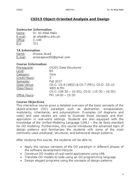 Ooad Detailed Course Outline Pdf Object Oriented Programming Unified Modeling Language