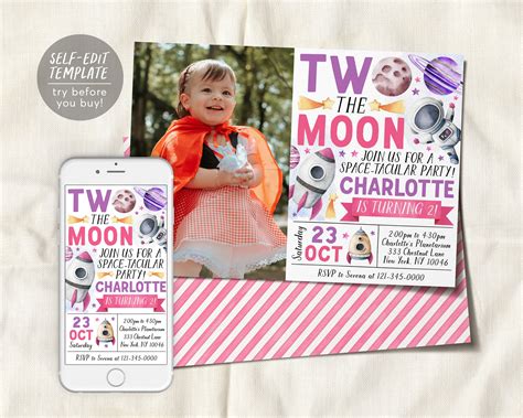 Outer Space Second Birthday Invitation With Photo Editable Template G