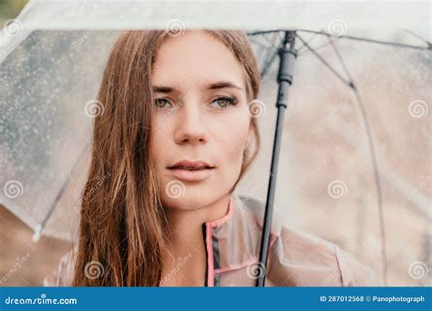 Woman Rain Umbrella Happy Woman Portrait Wearing A Raincoat With
