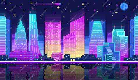 Premium Vector Night City Landscape Neon Pixel Background With Hight Buildings Silhouette And