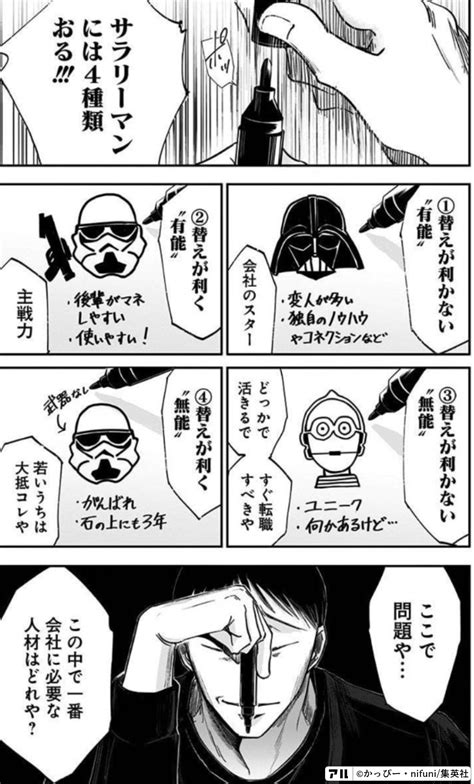 サラリーマンには4種類おる！！！ ①替えが利かない有能 会社のスター ②替えが利く有能 主戦力 ③替えが利かない無能 どっかで