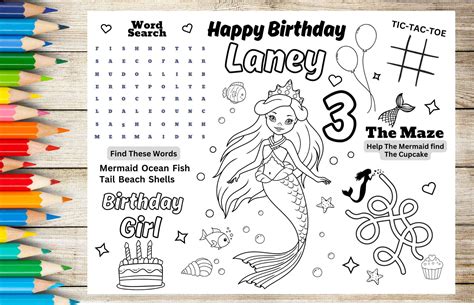Mermaid Birthday Activity Coloring Sheet Printable Girly Girl Tutus