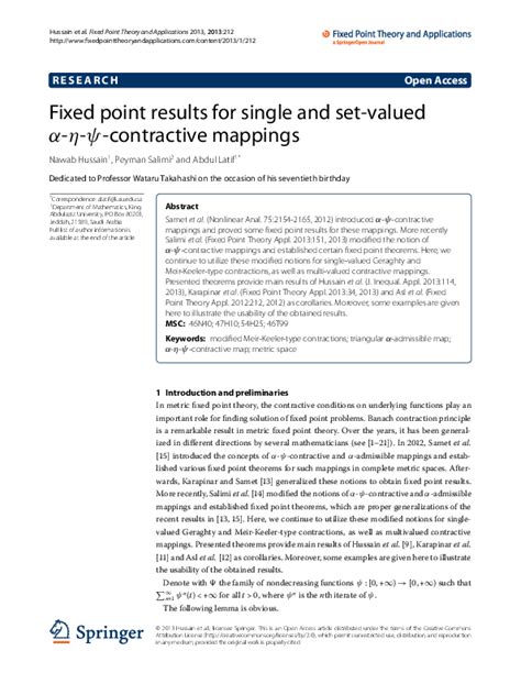 Pdf Fixed Point Results For Single And Set Valued α η ψ Contractive Mappings