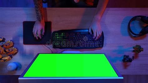 Top View Close Up Of Man Woke After Nap Continues Playing Game On Pc