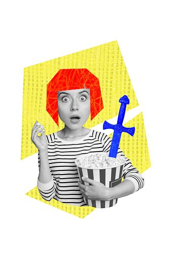 복합 이미지 몽타주 트렌드 삽화 3d 콜라주 색깔의 헤어도 아가씨 충격을 받은 얼굴 손 잡아 바구니 팝콘 영화 고대 검 20