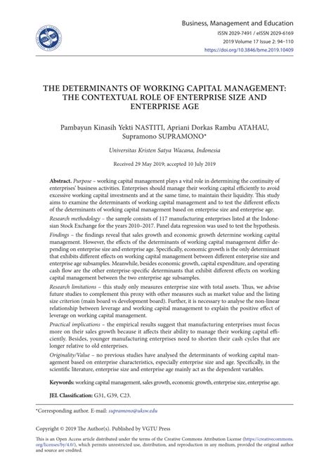 Pdf The Determinants Of Working Capital Management The Contextual Role Of Enterprise Size And