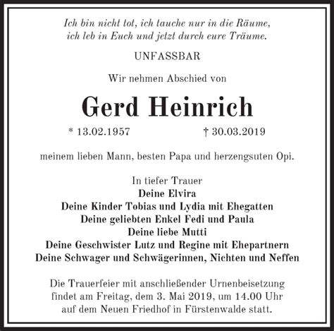 Traueranzeigen von Gerd Heinrich Märkische Onlinezeitung Trauerportal