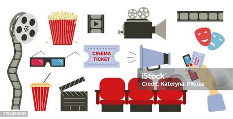 시네마 요소 세트입니다 필름 릴 팝콘 3d 안경 클래퍼 보드 영화 티켓 확성기 메가폰 소다 극장 마스크 좌석 흰색 배경입니다 벡터 3d 안경에 대한 스톡 벡터 아트 및 기타