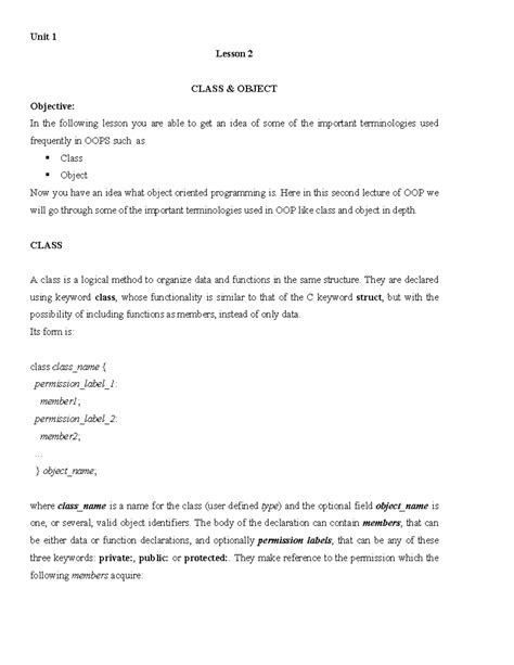 Oop 101 Unit 1 Lesson 2 Understanding Classes And Objects Studocu