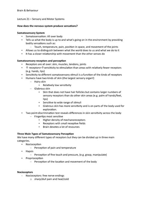 Lecture Sensory And Motor Systems Lecture Sensory And Motor