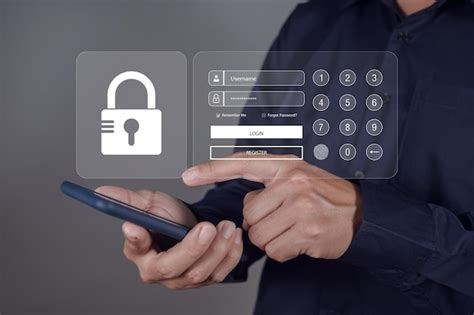 Premium Photo Man Hand Press Smartphone With Scan The Protection System Cyber Security