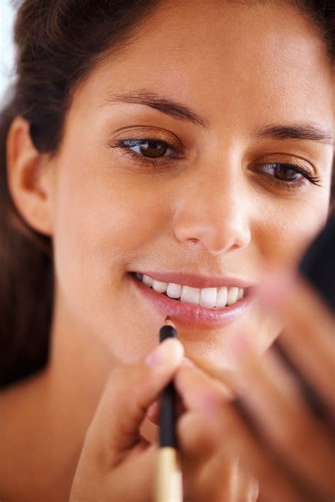 Beautiful Woman Applying Lip Liner Closeup Of Beautiful Young Woman