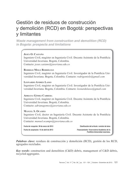 Pdf Gestión De Residuos De Construcción Y Demolición Rcd En Bogotá