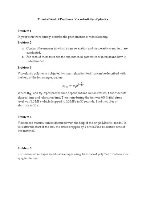 Tutorial Week 9 Problems Viscoelasticity Of Plastics Tutorial Week 9