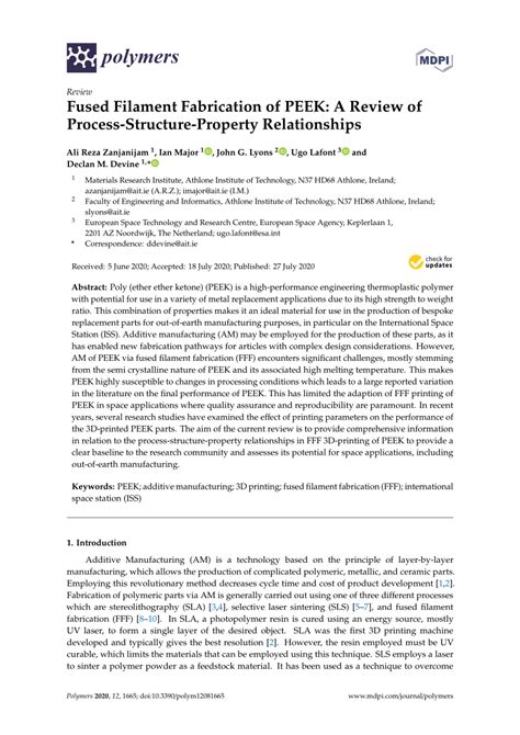 Pdf Fused Filament Fabrication Of Peek A Review Of Process Structure Property Relationships