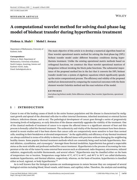 Pdf A Computational Wavelet Method For Solving Dual Phase Lag Model Of Bioheat Transfer During