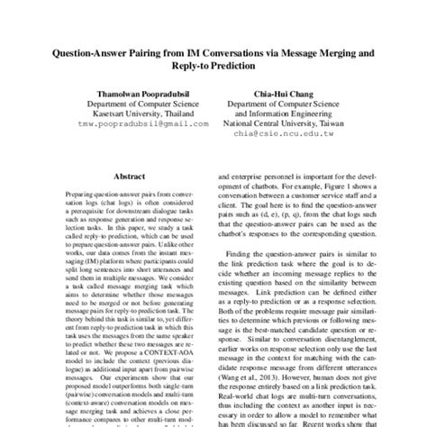 Question Answer Pairing From Im Conversations Via Message Merging And Reply To Prediction Acl