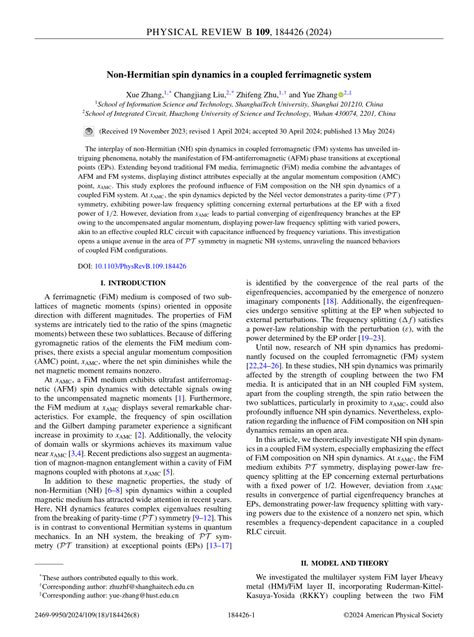 Pdf Non Hermitian Spin Dynamics In A Coupled Ferrimagnetic System