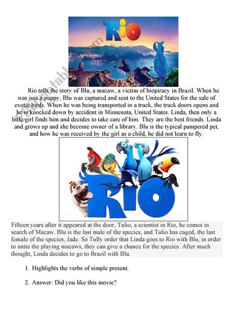 Film Rio ESL Worksheet By Fema