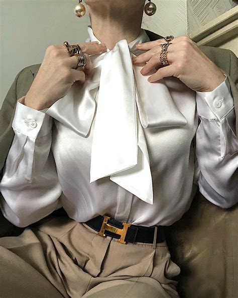 Natural Fabric Bow Tie Neck Womens Silk Blouse Cute Outfits Academia