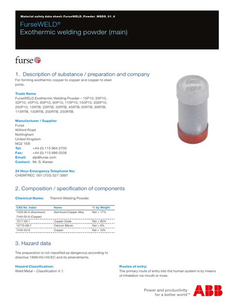 防雷热焊 焊药furseweld Powder Msds 01 6 Main Pdf Welding