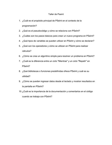 Taller de PSeInt Introducción a la Programación