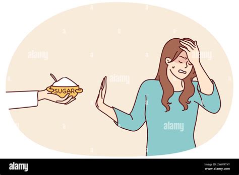 Embarrassed Woman Makes Stop Gesture Rejecting Proposed Sugar That Can