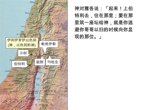 神对雅各说：「起来！上伯 特利去，住在那里；要在那 里筑一座坛给神，就是你逃 避你哥哥以扫的时候向你显 现的那位。」 示剑 伯特利 玛哈念 毗