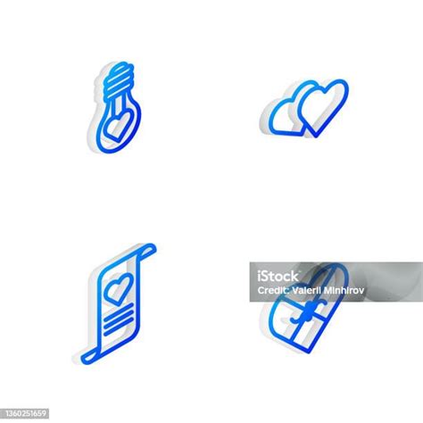 아이소메트릭 라인 하트 전구 모양 발렌타인 하트와 사탕 모양의 상자 아이콘봉투를 설정합니다 벡터 3차원 형태에 대한 스톡 벡터 아트 및 기타 이미지 Istock