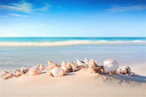 Premium Ai Image Seashells On The Sand At A Tropical Beach With Clear Sky