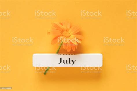 노란색 배경에 하나의 오렌지 금송화 꽃과 달력 여름 달 7 월 맨 위 보기 복사 공간 플랫 누워 최소 스타일입니다 디자인 인사말 카드에 대한 개념 안녕하세요 7 월 템플릿