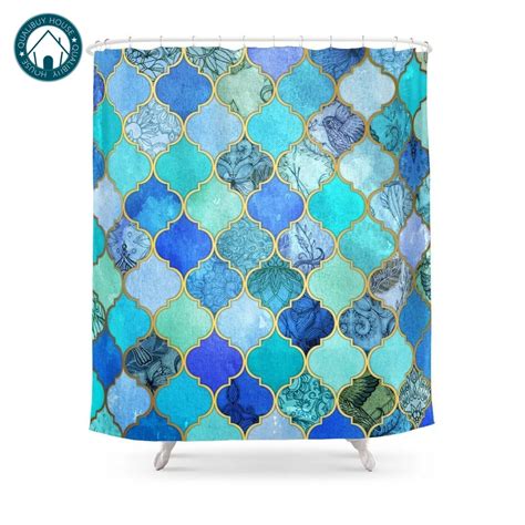 Cobalt Blue Aqua And Gold Decorative Moroccan Tile Pattern Shower