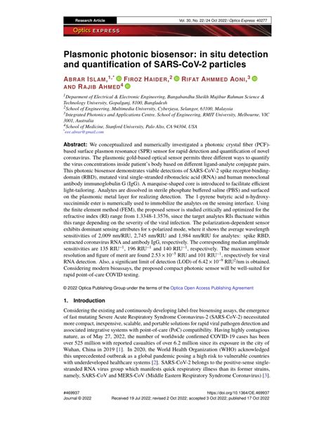 Pdf Plasmonic Photonic Sensor In Situ Detection And Quantification Of Sars Cov 2 Particles