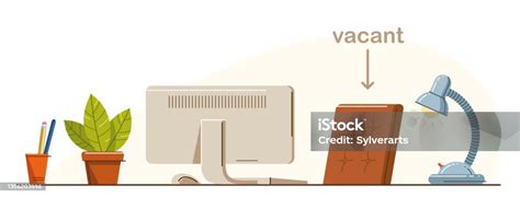 흰색 사무실 또는 가정 작업 장소 벡터 현대 일러스트 빈 의자 아무도 빈 작업 개념 직장을위한 편안한 공간을 통해 고립 된 작업 책상 플랫 일러스트 개발에 대한 스톡 벡터