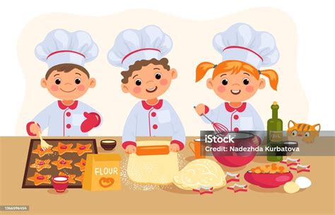 아이들이 요리합니다 작은 요리사 캐릭터 공동 식품 준비 과정 남자와 여자는 비스킷을 준비합니다 쿠키 만들기 모자를 입은 아이들은