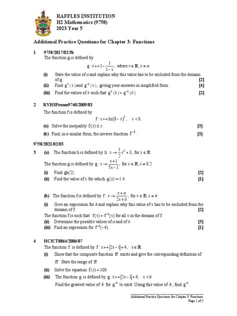 Raffles Institution H2 Mathematics 9758 2023 Year 5 Additional Practice Questions For Chapter