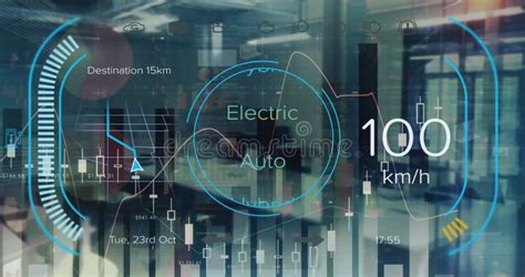 Animation Of Electric Car Dashboard And Digital Data Processing Over Computer Servers Stock