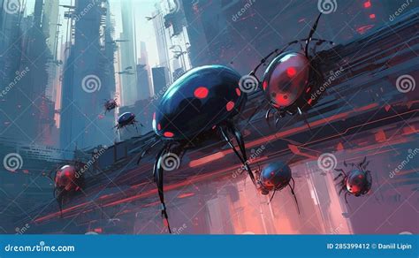 A Futuristic City With Robotic Ladybug Drones Stock Illustration