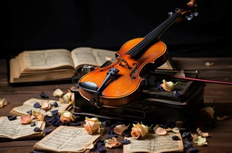 A Violin Sitting On Top Of An Open Book Generative Ai Image Stock