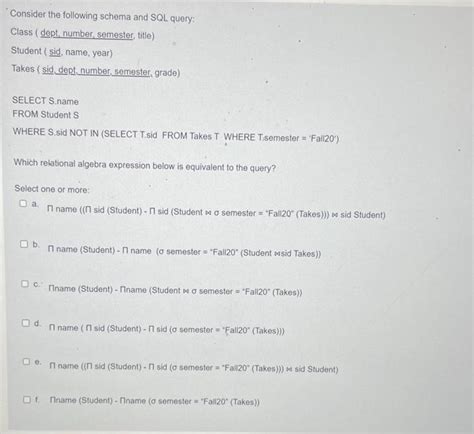 Solved Consider The Following Schema And Sql Query Class