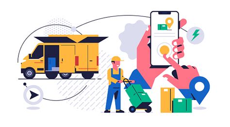 온라인 소포 배달 서비스 개념 모바일 앱 개념 손에 들고 전화와 소포 배달 응용 프로그램 디스플레이에 상자의 카트와 택배 열린 상자 모양의 택배 트럭 가공의 인물에 대한
