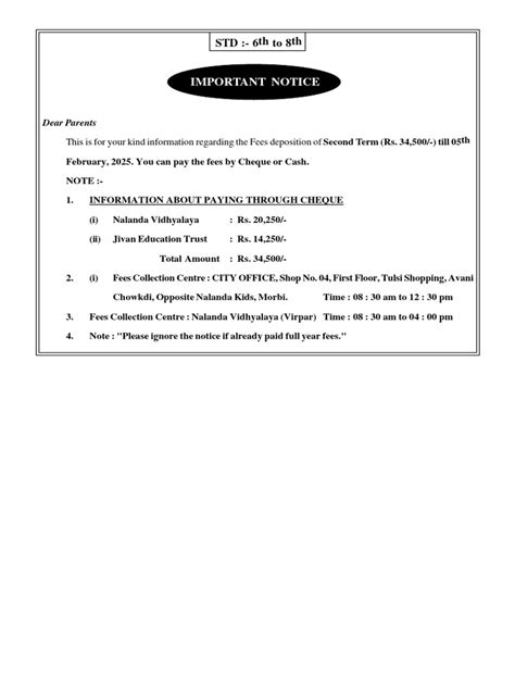 Important Notice Class 6 To 8 Pdf