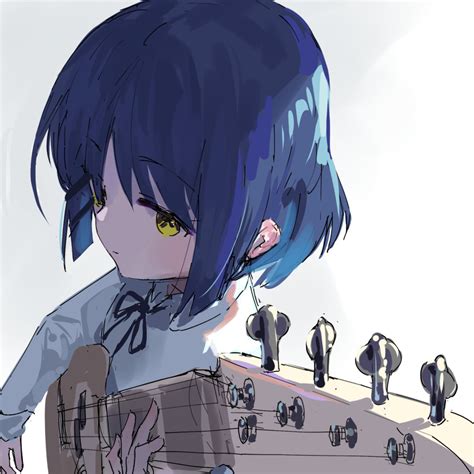 Safebooru 1girl Bass Guitar Black Ribbon Blue Hair Bocchi The Rock