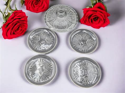 Pasari Indonesia Pressed Glass Candy Dish With Lid And Set Of 4 Vintage