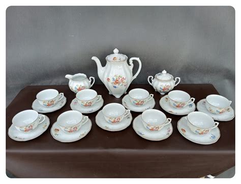 Starožitný porcelánový malovaný čajový servis souprava pro 10 osob